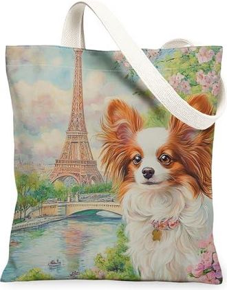 Generic Sac fourre-tout en toile motif papillon printanier pour le shopping, 33 x 38 cm, tour romantique, sac d&eacute;picerie r&eacute;utilisable pour femme, animal domest