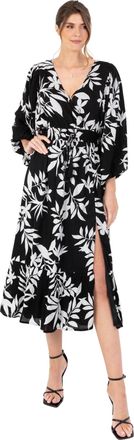 Lovedrobe Womens Midi Dress Ladies V-Neck Long Balloon Sleeve Faux-Wrap Thigh Split Shirred Waist Tassel Belt A-line Smart Casual Monochrome 42