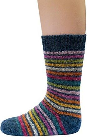 Hirsch Chaussettes ray&eacute;es en peluche pour b&eacute;b&eacute; et enfant, 100 % laine (biologique), Bleu/rayures multicolores, 23-24