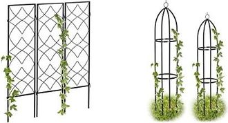 Relaxdays Rankgitter Metall, 3er Set, zum Stecken, Rankhilfe f&uuml;r Kletterpflanzen, 122 x 31 cm, Spalier Garten, schwarz & Rankturm 2er Set, Rankhilfe f&uuml;r Rosen, 