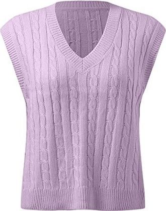 Generic Pull d&eacute;contract&eacute; sans manches avec col en V et maille c&ocirc;tel&eacute;e pour femme, violet, XXL