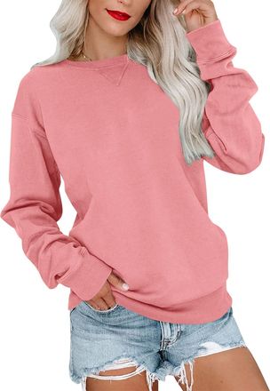 Minetom Pullover Damen Herbst Sweatshirt Langarmshirt Rundhals Elegant Pulli Casual Oberteile Winter Sweatshirts ohne Kapuze Frauen A Rosa XL
