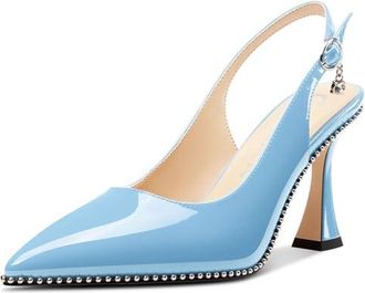Castamere Femmes Slingback Kitten Talon Heel Ferm&eacute; Pointu Bout Escarpins Bloc Chunky Mariage Party Dress Chaussures 9 CM Heels Bleu Ciel 37 EU
