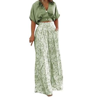 Generic Surv&ecirc;tement pour femme deux tenues &agrave; manches longues, col rond, haut et pantalon long, ensemble de d&eacute;tente pour femme, grande taille, Vert, XXXL