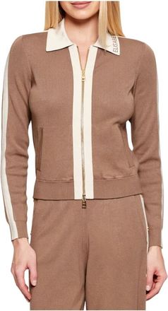 Elisabetta Franchi Femme, Pulls, Brun, Taille: 42 FR Veste en maille avec bandes en viscose brillante