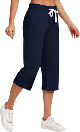 Generic Pantacourt en lin pour femme, pantalon court en lin pour femme, taille &eacute;lastique, jambe droite, avec poches, couleur unie, pantalon 3/4 avec cordon de
