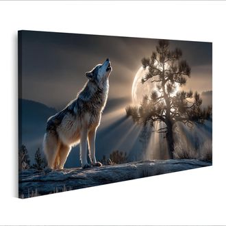 Islandburner Bild auf Leinwand Heulender Wolf im Mondschein - Wandbild f&uuml;r Naturfreunde - Edition B2