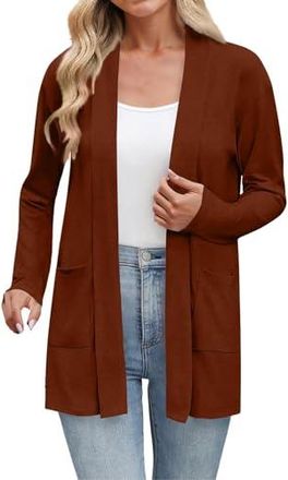 Generico Cardigan dété doux pour femme à manches longues et élégant en jersey léger ouvert sur le devant, couleur unie, marron, XXX-Large