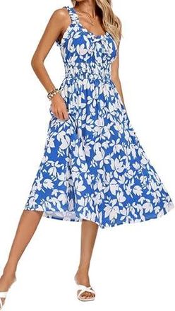 Kate Kasin Robe dété décontractée sans manches pour femme - Col en U - Imprimé floral - Taille élastique, motif floral bleu, XL