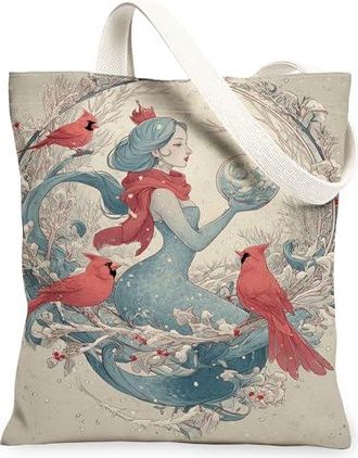 Generic Sacs fourre-tout en toile artistique dhiver, motif vintage oiseau et sir&egrave;ne, sacs d&eacute;picerie r&eacute;utilisables, l&eacute;gers et lavables en toile pour voyage, ex