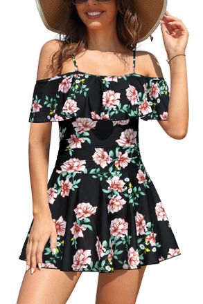 SHEKINI Damen Einteiliger Badeanzug Badekleid Rückenfrei Baderock Ruched Bauchweg Bauchkontrolle Damen Strandbadeanzug Bademode Großer Größe Schwimmrock(XL,Sc