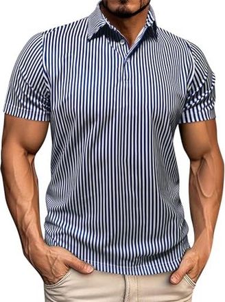Generic Polo hawa&iuml;en ray&eacute; pour homme - Haut d&eacute;t&eacute; &agrave; manches courtes - Col polo tendance - Chemise confortable - Extensible et l&eacute;ger - Costume pour cadeau quoti