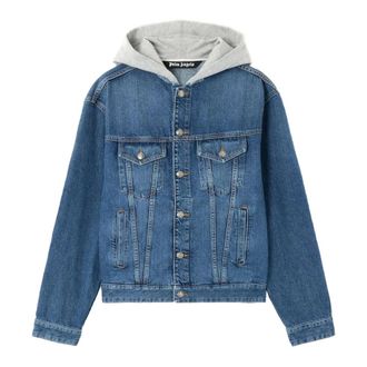 Palm Angels Homme, Vestes, Bleu, Taille: L Curved Logo Hooded Denim Jacket