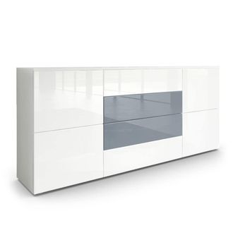 Vladon Sideboard Rova, Made in Germany, Kommode mit 4 T&uuml;ren und 4 Schubladen, Wei&szlig; matt/Wei&szlig; Hochglanz/Grau Hochglanz (166 x 72 x 35 cm)