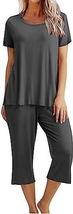 Generic Pyjama Femme Ete Bermuda Ensemble De Pyjama Femme Grande Taille Vêtement De Nuit Top À Manches Courtes Et 3/4 Pantacourt 3/4 Pas Cher Fluide Sleepwear