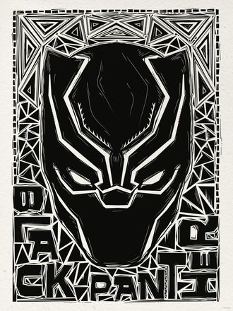 Komar Wandbild- Marvel Black Panther Lino-Cut Helmet - Größe 30 x 40 cm - Poster, Kinderzimmer, Dekoration - gerollt ohne Rahmen