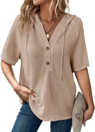 Dokotoo Damen Sommer Hoodie Oberteile Waffel Kurzarm Kapuzenpullover Tunika Oberteil Pullover Kordelzug Sweatshirt Einfarbig Sweatshirts Frauen L&auml;ssig Tops T-