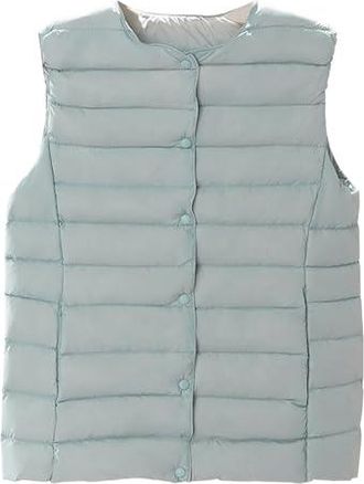 Generic Doudoune sans manches l&eacute;g&egrave;re pour femme, col rond, fermeture boutonn&eacute;e, doublure matelass&eacute;e, coupe confortable, bleu clair, taille XXL