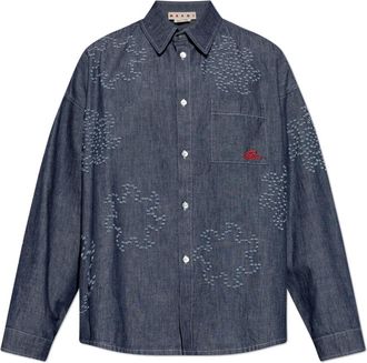 Marni Homme, Chemises, Bleu, Taille: S Chemise oversize en chambray avec motif soleil effiloch&eacute;