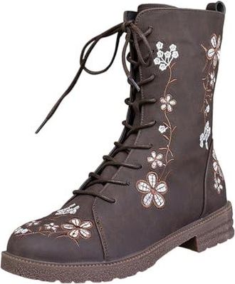 Generic Bottes &agrave; lacets pour femme - Talon bas - Style d&eacute;contract&eacute; - &Eacute;l&eacute;gantes - Bout rond - Broderie - Fermeture &eacute;clair lat&eacute;rale - Antid&eacute;rapantes - Confortab