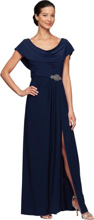 Alex Evenings Damen Langes Brautmutter mit Wasserfallausschnitt, Formelles Eventkleid (Zierliche und Normale Größen) Kleid für besondere Anlässe, Navy, 38