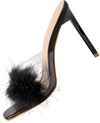 Frcolor Sandales Talon Fin avec Décor Moelleux Chaussures à Talon Carré Transparent pour Femme Légères et Élégantes pour Jean Short et Jupe