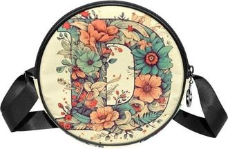 Generic Petit sac &agrave; bandouli&egrave;re circulaire pour femme, motif floral avec lettre D, sac &agrave; dos avec fermeture &eacute;clair, bretelles r&eacute;glables, sac &agrave; main rond d&eacute;con