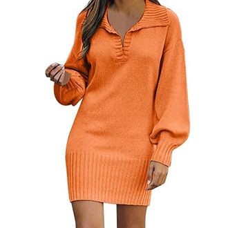 Generic Robe pull &agrave; manches longues rouge - Petite robe dhiver pour femme - Robe pull en tricot &eacute;pais avec col en V avec col en V et poignets ourl&eacute;s en tricot