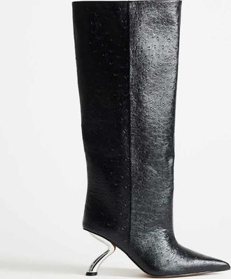 Topshop Trinity kniehoher Stiefel mit eckigem Absatz in Schwarz, Strau&szlig;enoptik und Silber