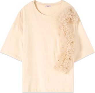 Oltre Femme, Tops, Beige, Taille: 36 FR T-shirt avec application en tulle