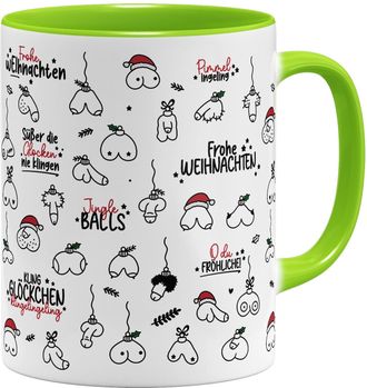 OM3 Lustige Jingle Balls Weihnachts Kaffee-Tasse mit Penisse - Pimmel Tasse Penis-Muster Doodle - Keramik Becher - 325ml - Beidseitig Bedruckt - Hellgr&uuml;n