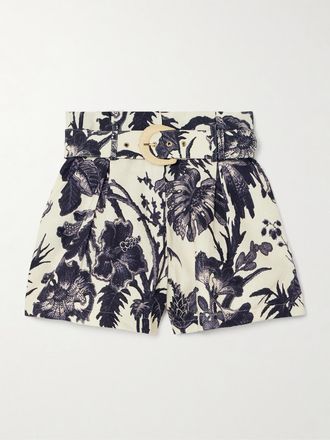 Cara Cara Palmer Shorts Aus Leinen Mit Blumenprint, Bundfalten Und G&uuml;rtel - Blau