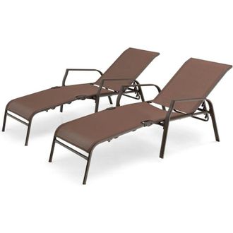 Costway Costway - Lot de 2 Chaises longues avec Dossier R&eacute;glable, Tissu Respirant, Structure Robuste en Acier, Charge Max 150KG, Marron