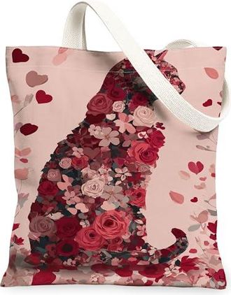 Generic Sac fourre-tout en toile motif chat floral, sac &agrave; provisions r&eacute;utilisable, vintage, l&eacute;ger, lavable avec bandouli&egrave;re, p&ecirc;che, 13x15 Inch