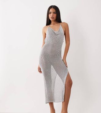 KAIIA Exclusive - Maxikleid aus H&auml;kelstoff in Metallic-Silber mit hohem Schlitz-Grau