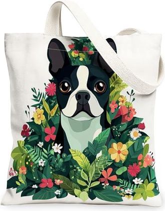 Generic Sac fourre-tout en toile motif chien terrier de Boston pour faire du shopping, 33 x 38,1 cm, sac d&eacute;picerie r&eacute;utilisable pour femme, joli motif de feui