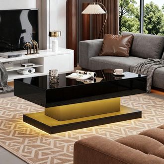 Generic Hochglanz LED-Couchtisch mit Hydraulik-Lift &raquo;Evolve&laquo; - Halbhebbares Tischblatt & seitlich verschiebbares Design (100x50x45 cm) - Moderner Kaffeetisch 