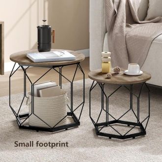 Woltu Woltu - Lot de 2 Tables Basses Gigognes Table Basse Ronde, Cadre Noir, en Métal + Bois Composite, Chêne Gris