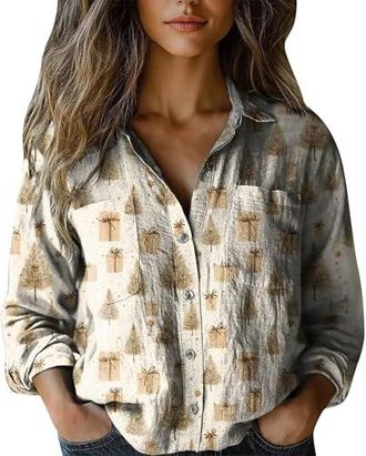 Generic Haut de Noël pour femme - Pull de Noël amusant surdimensionné à boutons - Haut à manches longues - Col en V - Arbre de Noël - Imprimé flocon de neige 