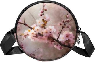 Generic Petit sac &agrave; bandouli&egrave;re rond pour femme, motif fleurs de cerisier avec fermeture &eacute;clair, bretelles r&eacute;glables, sac &agrave; main rond d&eacute;contract&eacute; pour femmes 
