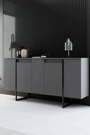 Dmora Sideboard Betel 160x35x80 cm Schwarz 4 Regale, 4 T&uuml;ren