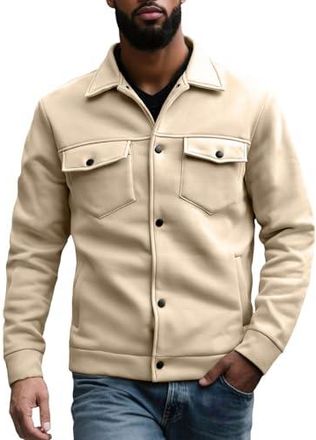 Generic Vestes pour homme avec poches - Veste de travail pour homme avec boutons - Col &agrave; revers - Veste de loisirs - Chemise longue - Veste de transition - Ve