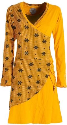 vishes Alternative Bekleidung - Langarm Damen Jerseykleid Baumwolle B&auml;nder Bl&uuml;mchenmuster gelb 36