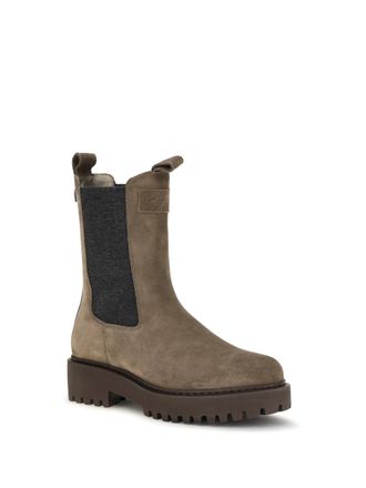 Brunello Cucinelli Womens Suede Ankle Boots With Knit Insert And Precious Loop Detail Torba
