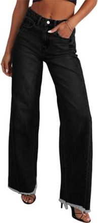 Generic Jean coupe droite taille haute pour femme, coupe ample, extensible, contr&ocirc;le du ventre, jambe large, pantalon &eacute;vas&eacute;, pantalon classique us&eacute;, Noir, XXL