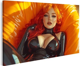 Islandburner Bild auf Leinwand Rothaarige Frau in schwarzem Latex auf orangem Sitz für Wohnzimmer Kunstliebhaber Galerie Bilder Wandbilder Poster