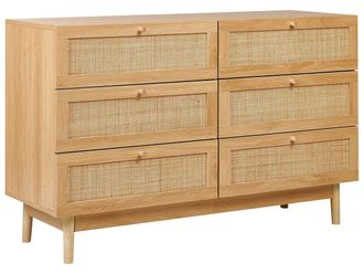 Beliani Sideboard 6 Schubladen Kommode Spanplatte Vorderseite aus Rattan Helles Holz Boho Stil Schrank Nivo