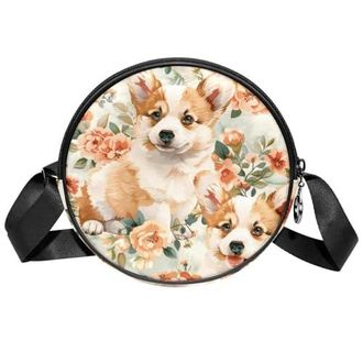 Generic Sac &agrave; bandouli&egrave;re rond pour femme, petit sac &agrave; bandouli&egrave;re Corgi floral avec fermeture &eacute;clair, bretelles r&eacute;glables, sac &agrave; main rond d&eacute;contract&eacute; pour f