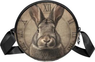 Generic Sac &agrave; bandouli&egrave;re rond pour femme, motif lapin vintage, sac &agrave; dos &agrave; bandouli&egrave;re avec fermeture &eacute;clair, bretelles r&eacute;glables, sac &agrave; main rond d&eacute;contract