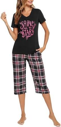 iClosam Pyjama Femme en Coton ete Ensemble de Pyjama à Carreaux VêTements de Nuit Court Doux Respirant Vêtements de Détente 2 Pièces à Manche Courte Confortab